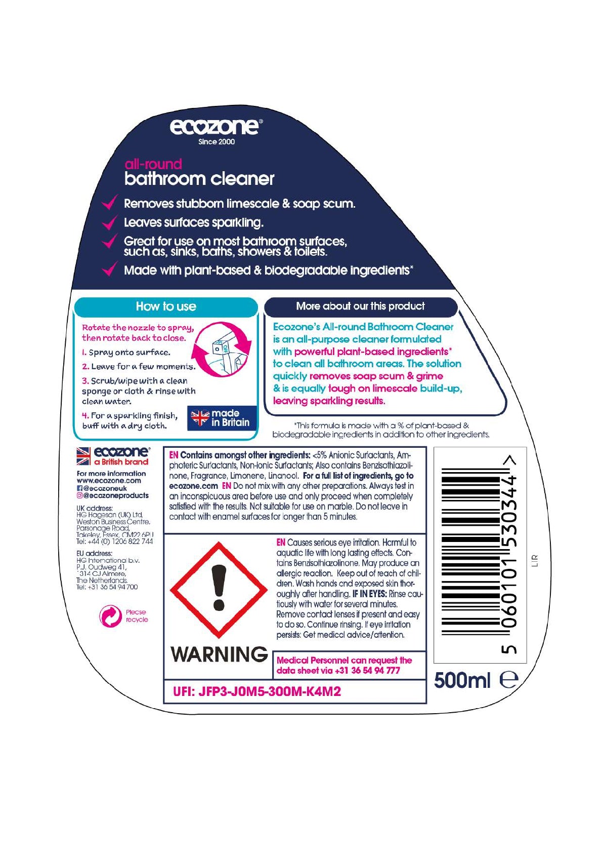 Ecozone 3 in 1 Bathroom Cleaner Spray 500ML