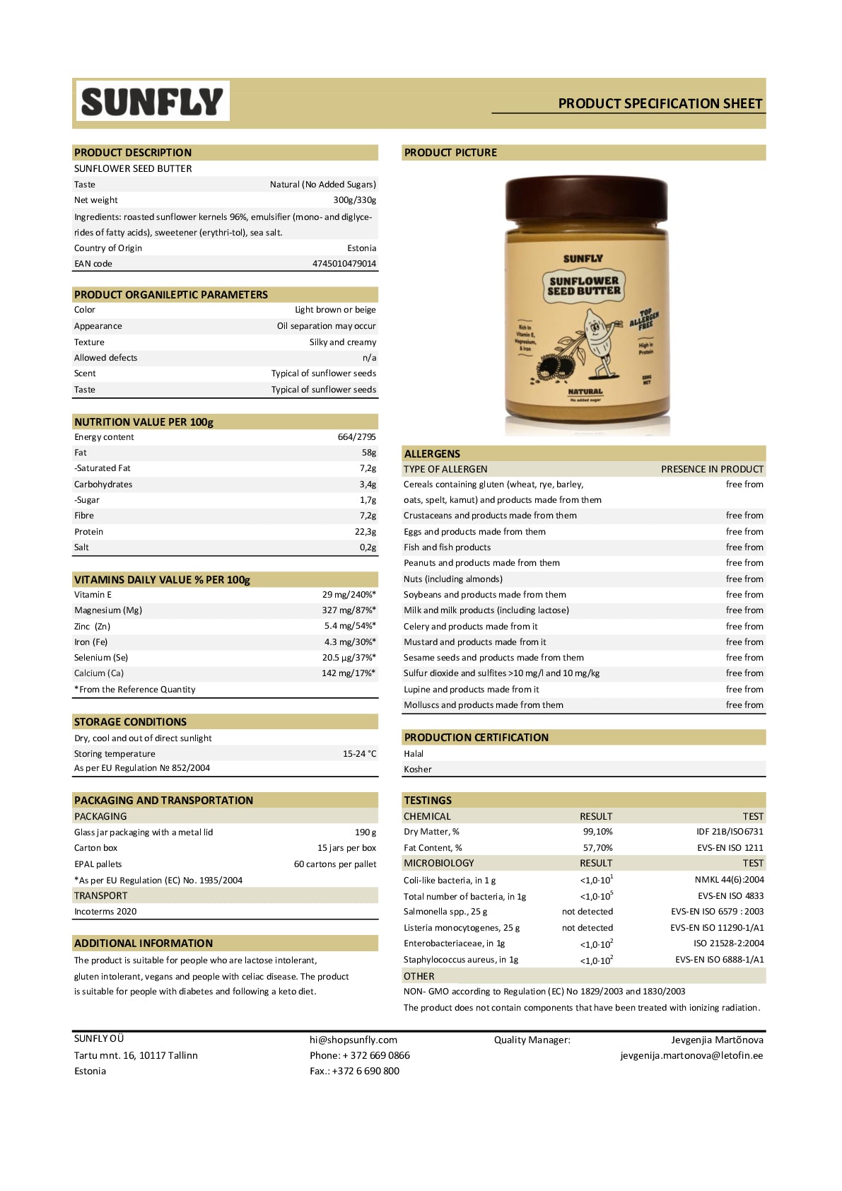 Sunfly Natural Taste and No Added Sugar Sunflower Seed Butter 330g