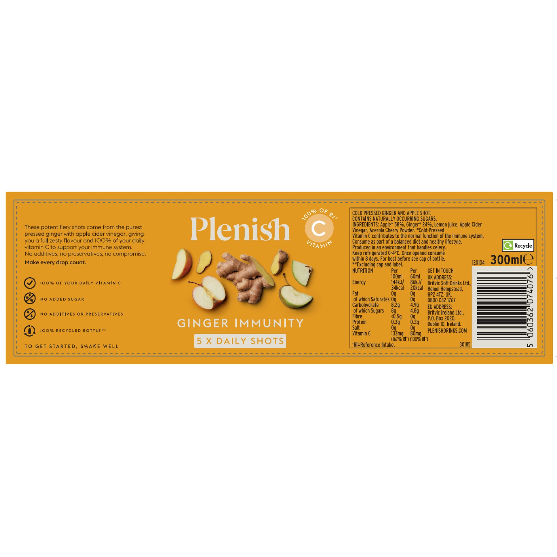 Plenish Chilled Plenish Ginger Immunity Mutli-serve Bottle 7 x Shots 4