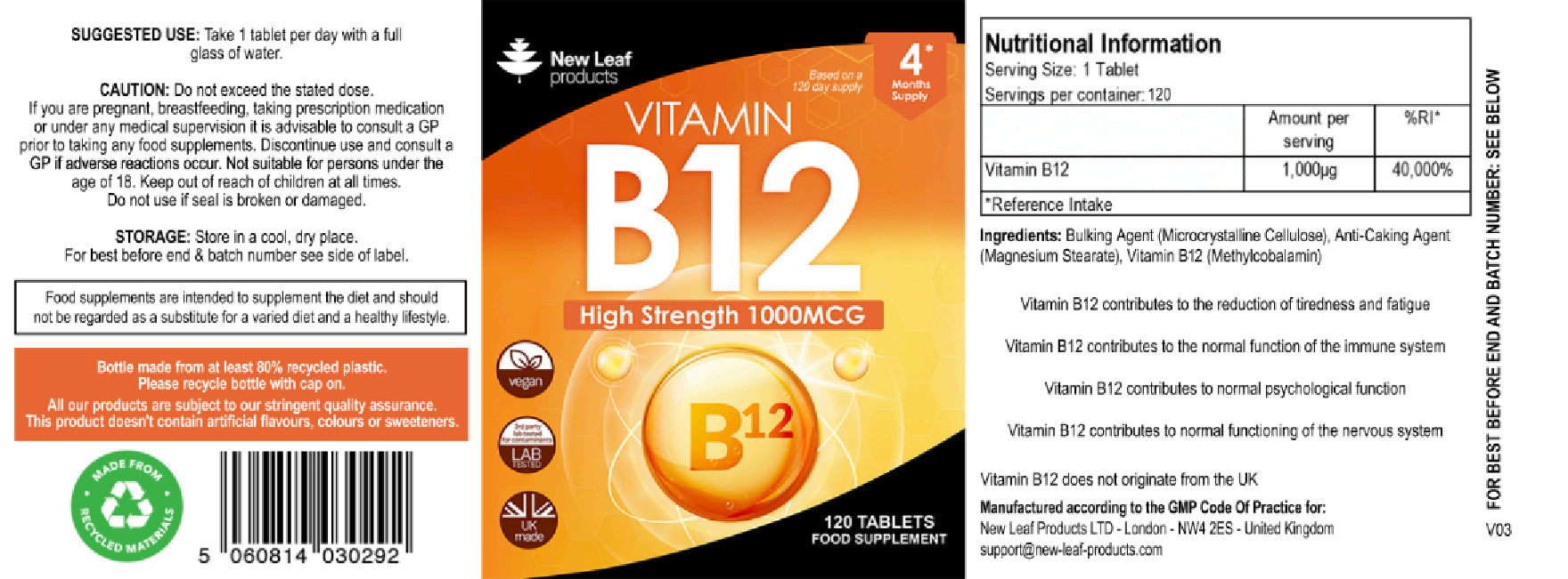 New Leaf Products Vitamin B12 1000mcg Methylcobalamin 120 Vegan Tablet