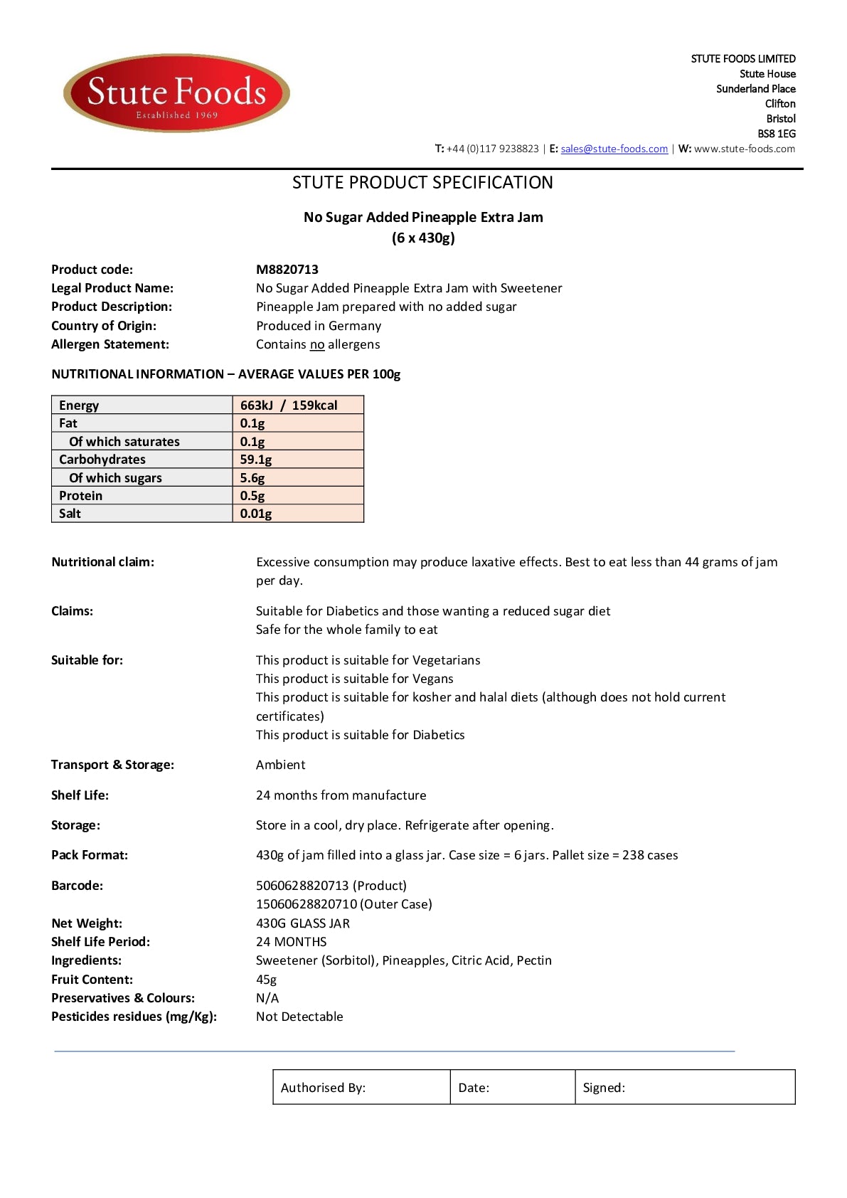 Stute No Sugar Added Pineapple Jam 430g