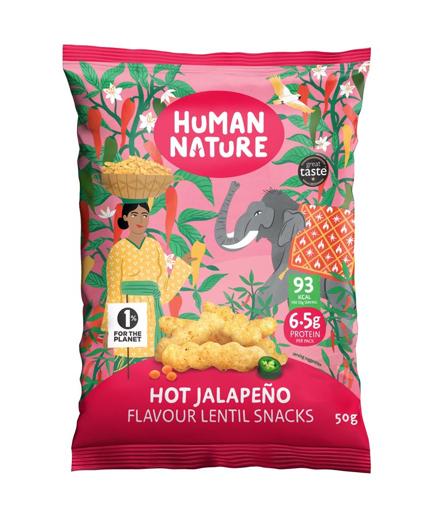 Human Nature Hot jalapeno and Lime Flavour Lentil Snacks 50g (Sold in